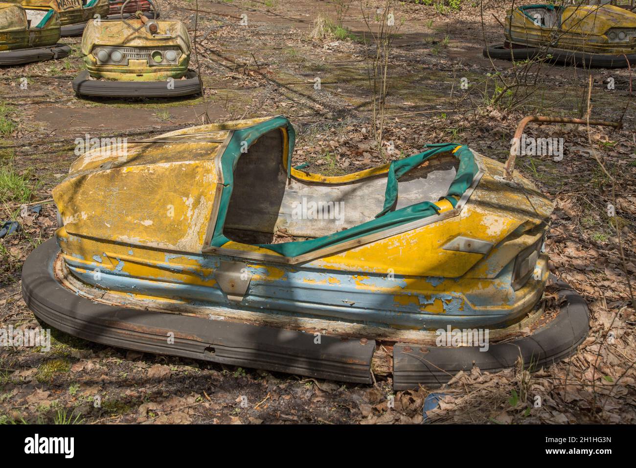 Old broken rusty metal radioactive children's electric cars abandoned ...