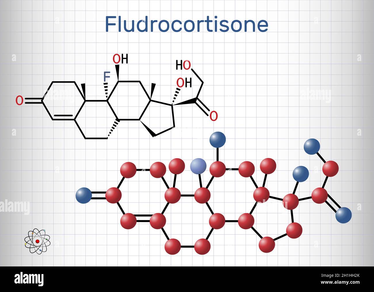 Fludrocortison, fluorocortisone molecule. It is synthetic ...
