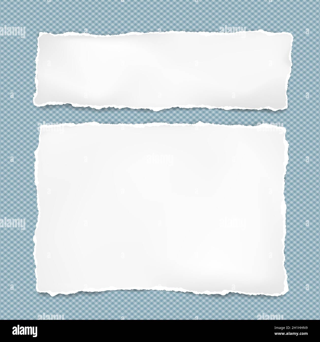 Set of torn white note, notebook paper pieces stuck on blue squared ...