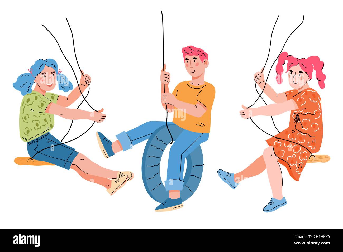 Happy kids swinging on swings in playground, flat cartoon vector ...