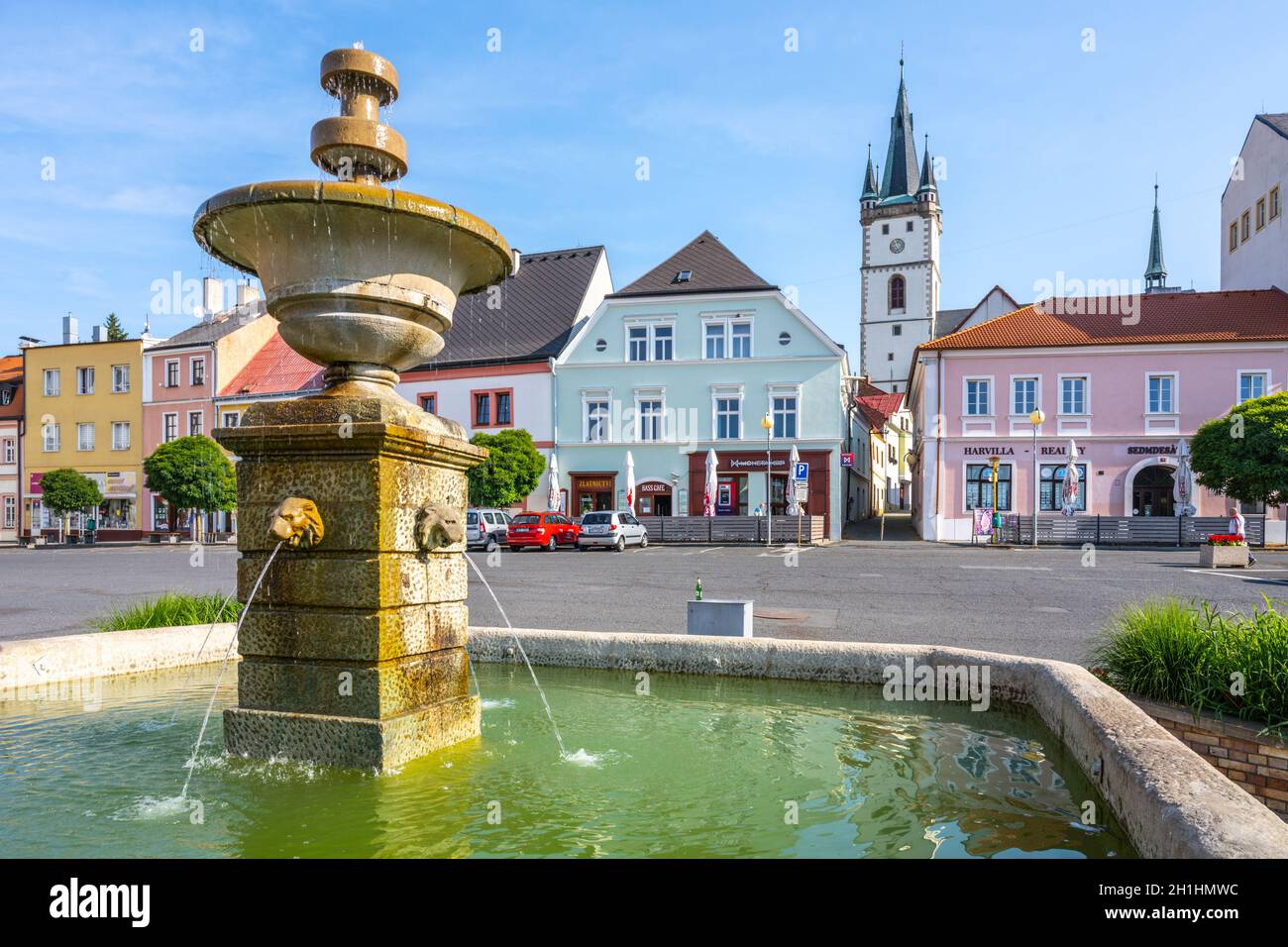 TACHOV, CZECH REPUBLIC - JULY 24, 2021: Colorful houses, fountain and ...