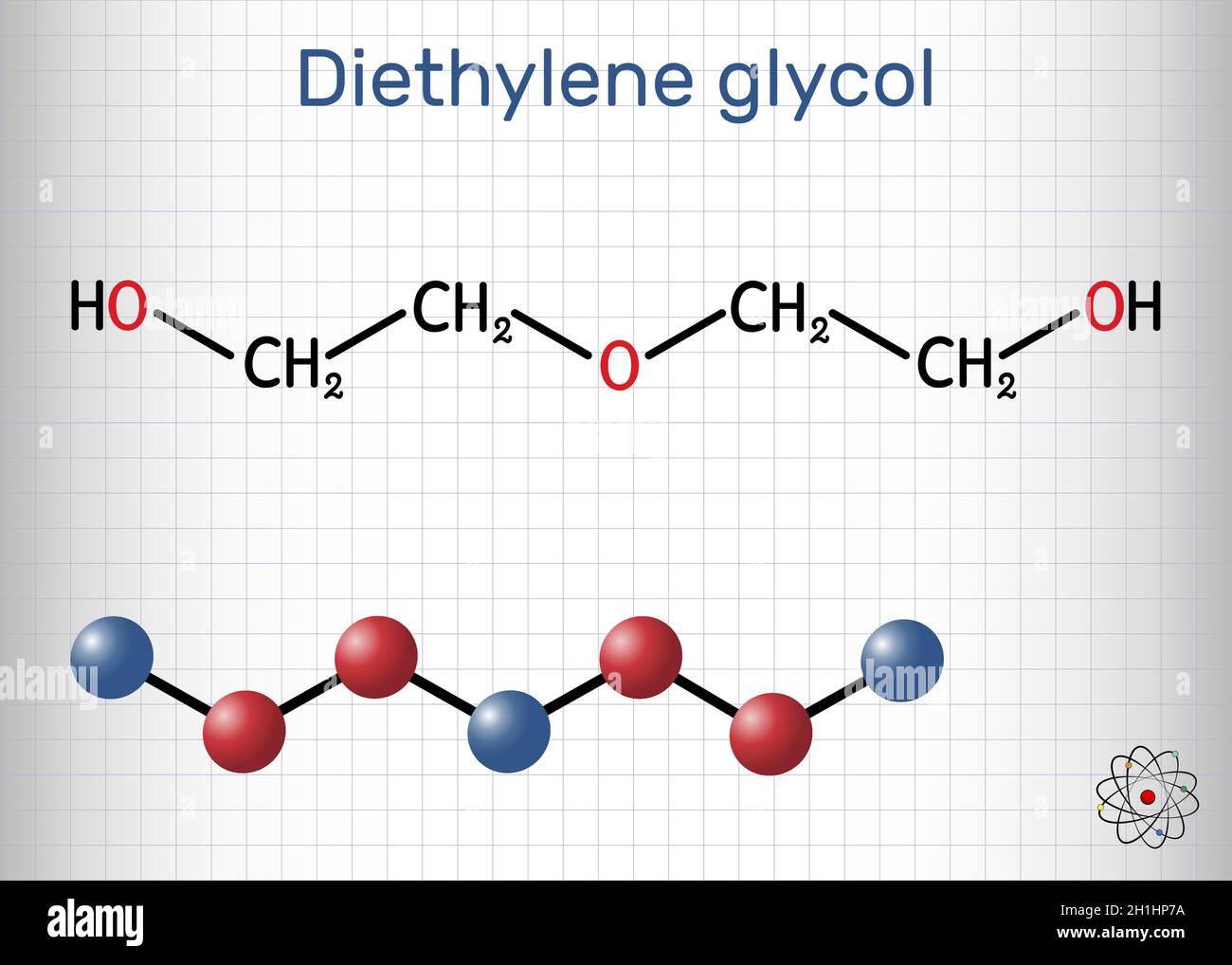 Diethylene glycol, DEG molecule. It is diol, solvent. Structural ...