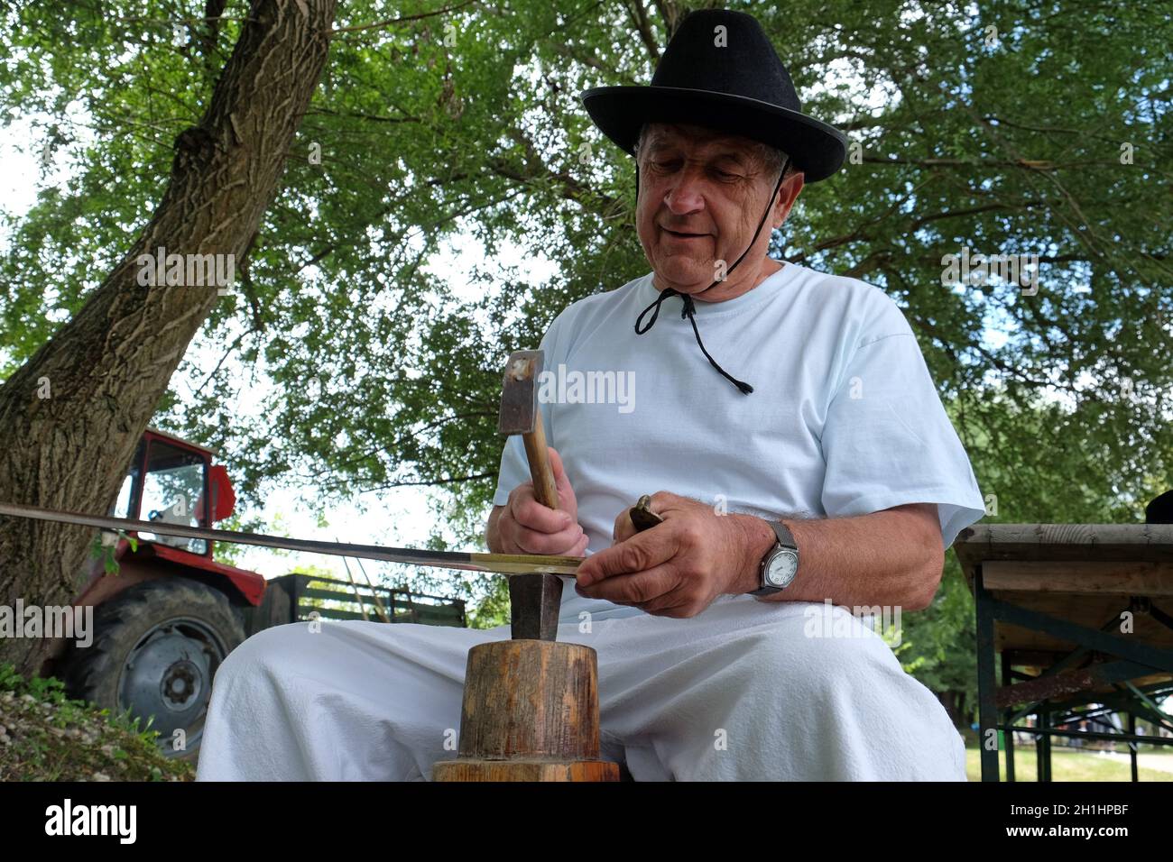 Farmer with hammer and iron tool on the tree stump is sharpening his ...