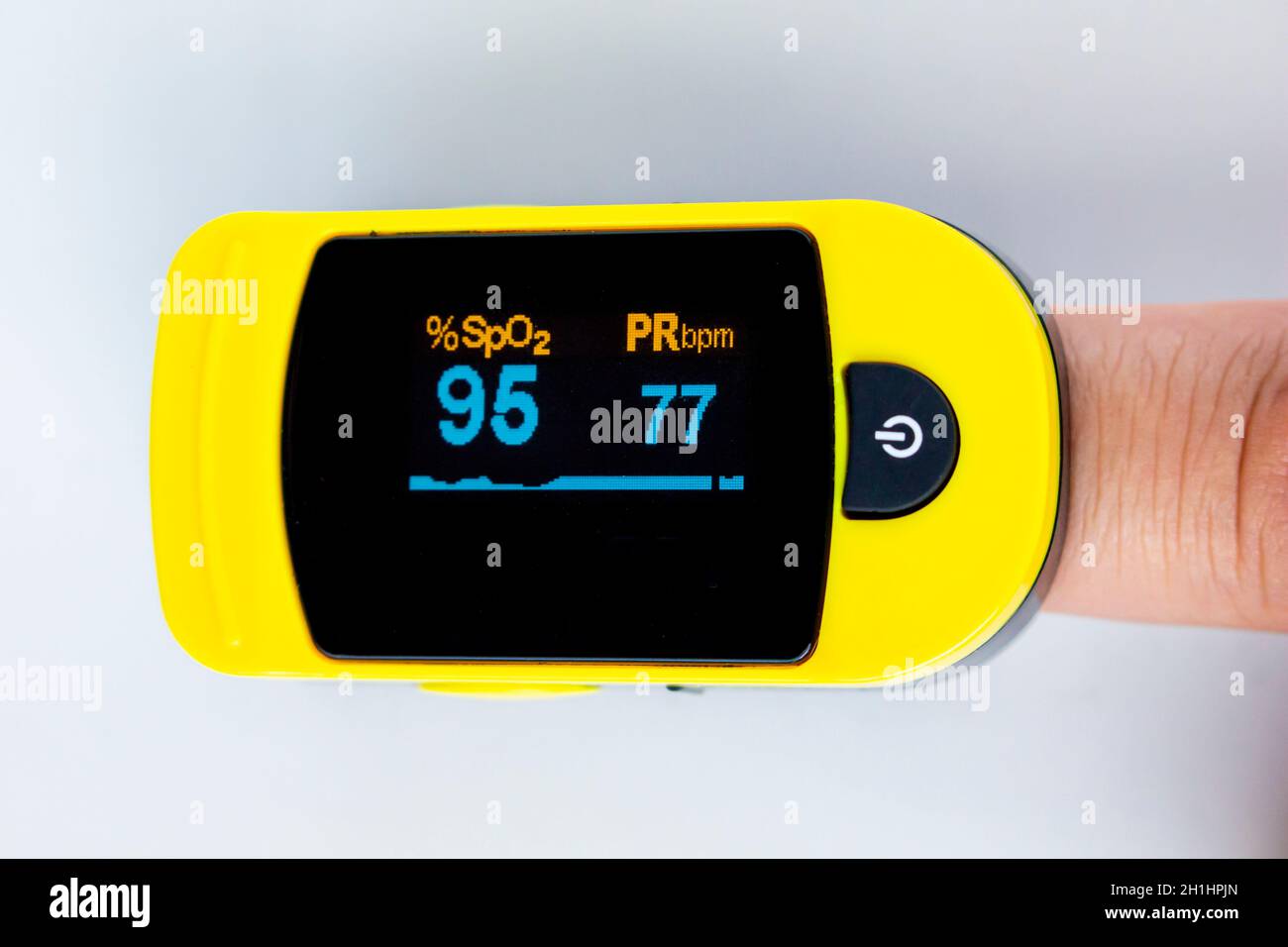 A close up person's finger using a pulse oximetry, noninvasive method ...
