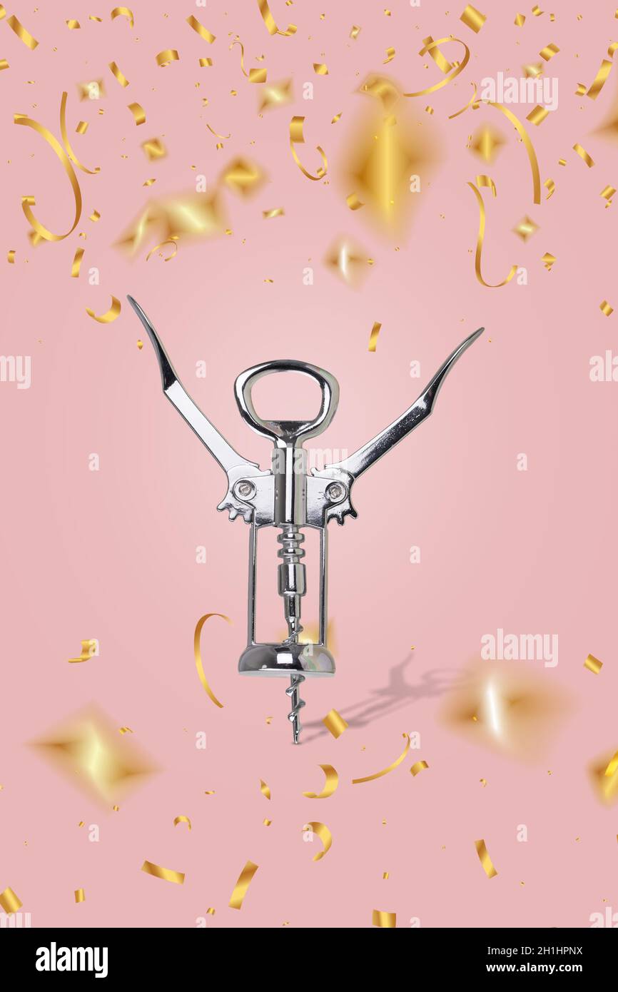 Creative layout with corkscrew and flying confetti. Minimal Holiday ...
