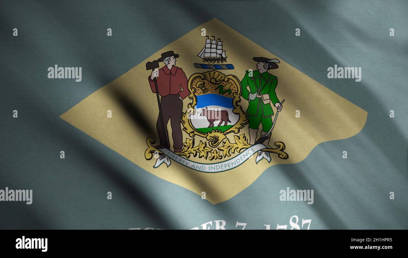 Close-up of flying flag of Delaware. Animation. Animated background ...