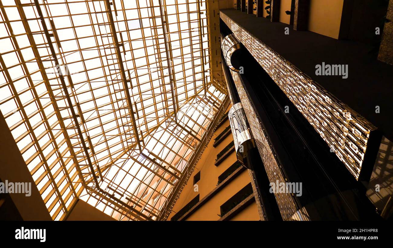 Futuristic Elevator in beautiful building. Stock footage. Modern ...