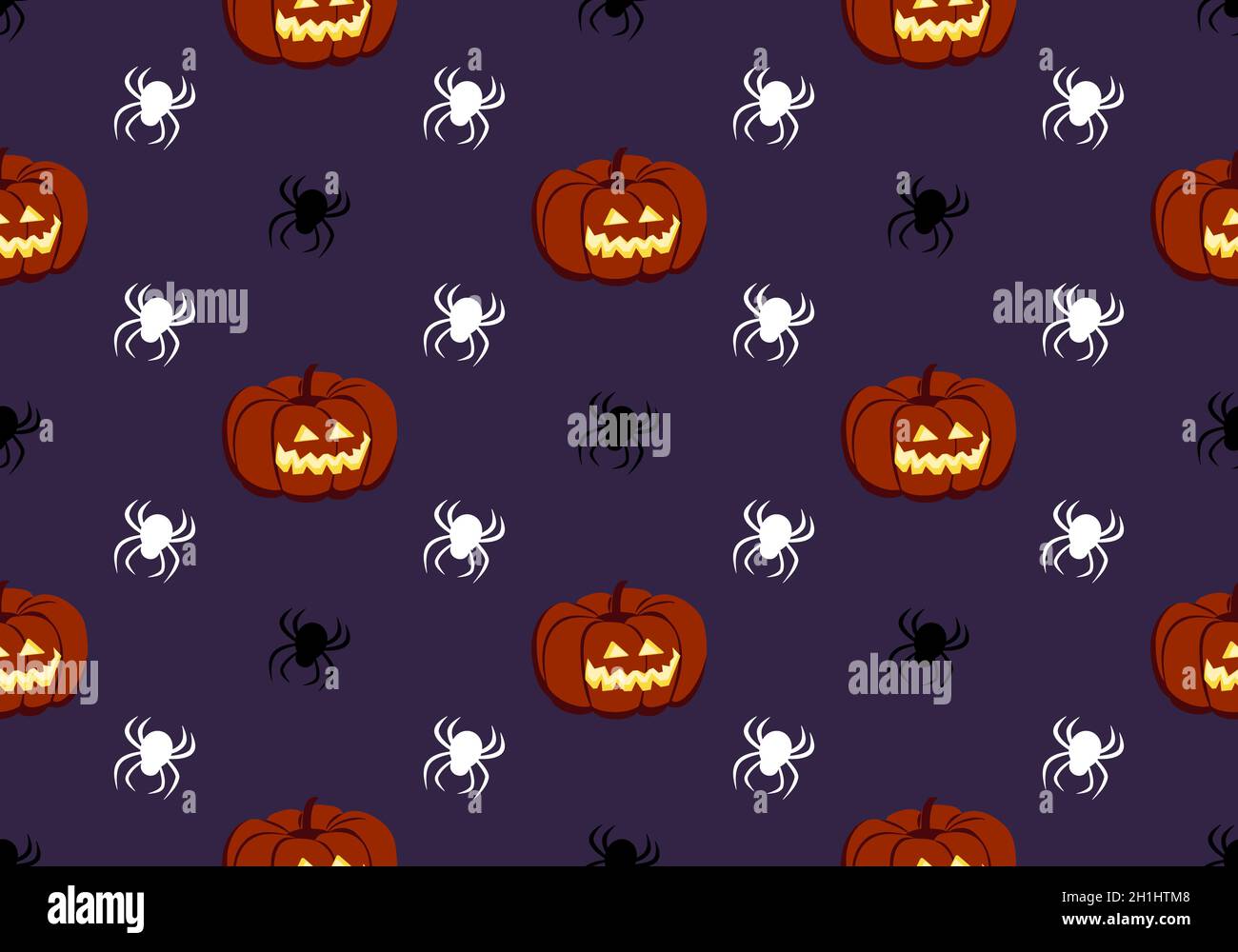 Bright seamless pattern with pumpkins and spiders on purple background ...