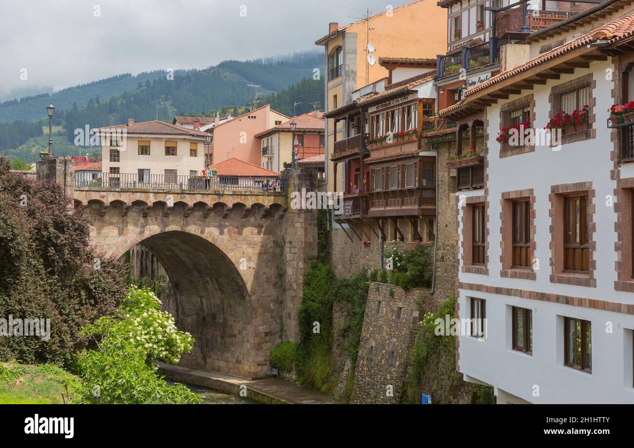 Potes, Spain - June 1, 2018: The traditional houses in the ancient ...