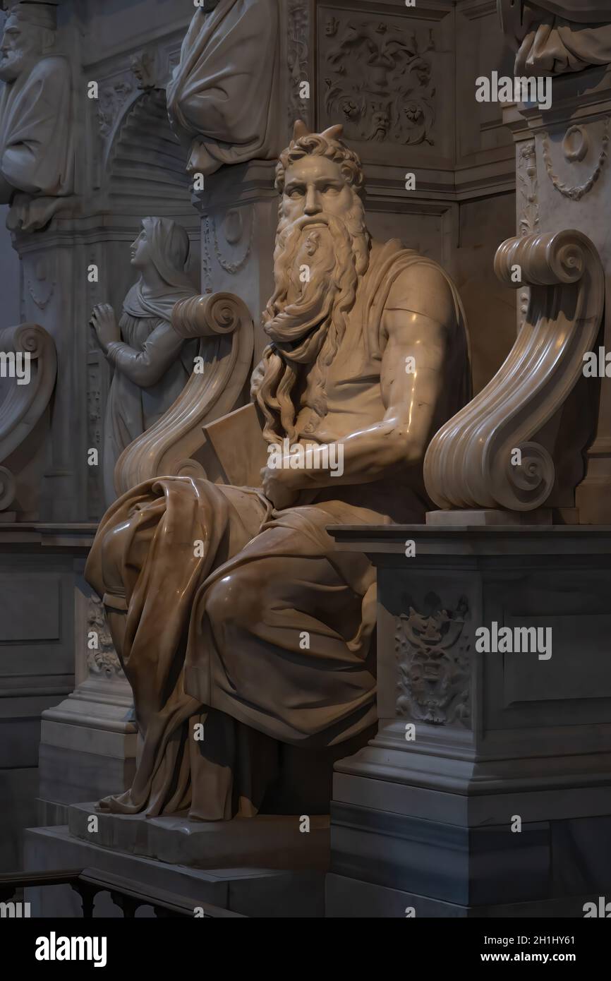 Rome, Italy – 9 May 2018: The famous colossal statue of Moses carved by ...