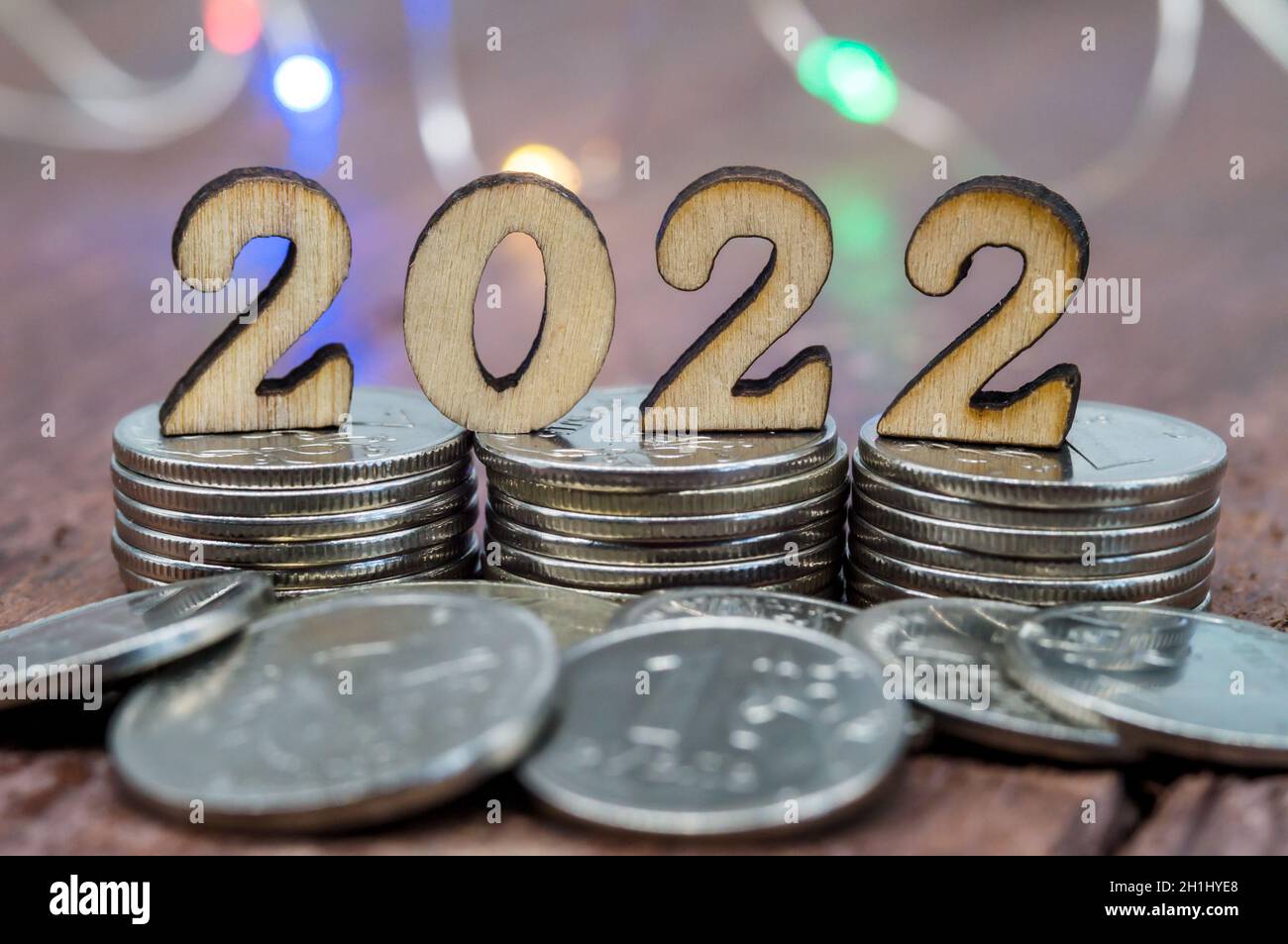 Coins and Figures 2022. Banner 2022. Money stacked in columns Stock ...