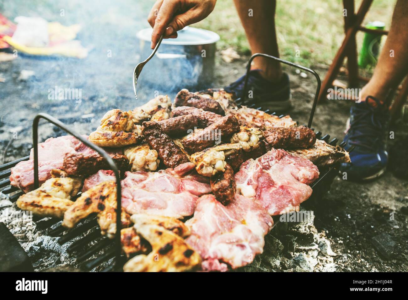 Grilled Meat , summer picnic , cooking food outdoor Stock Photo - Alamy