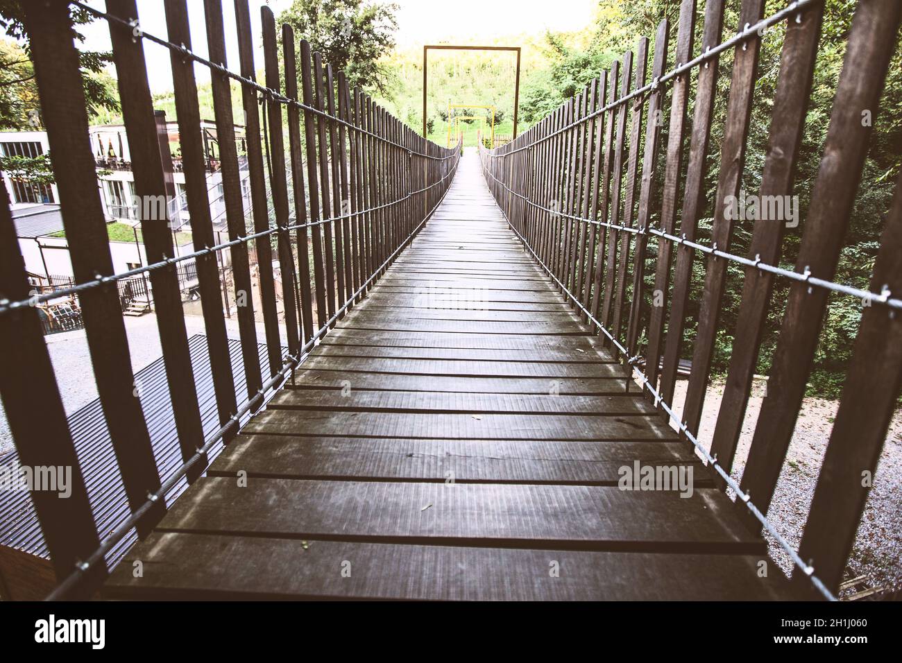 Wooden Suspension Bridge, Pedestrian Hanging Footbridge, Summer Day ...