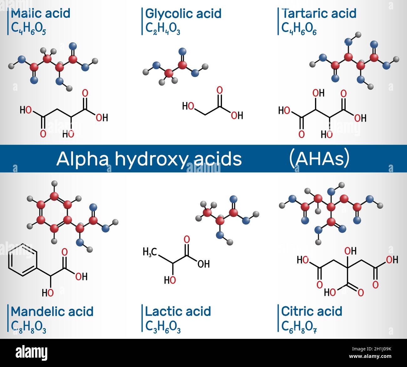 Alpha hydroxy acids, AHA. Glycolic C2H4O3, lactic C3H6O3, malic C4H6O5 ...