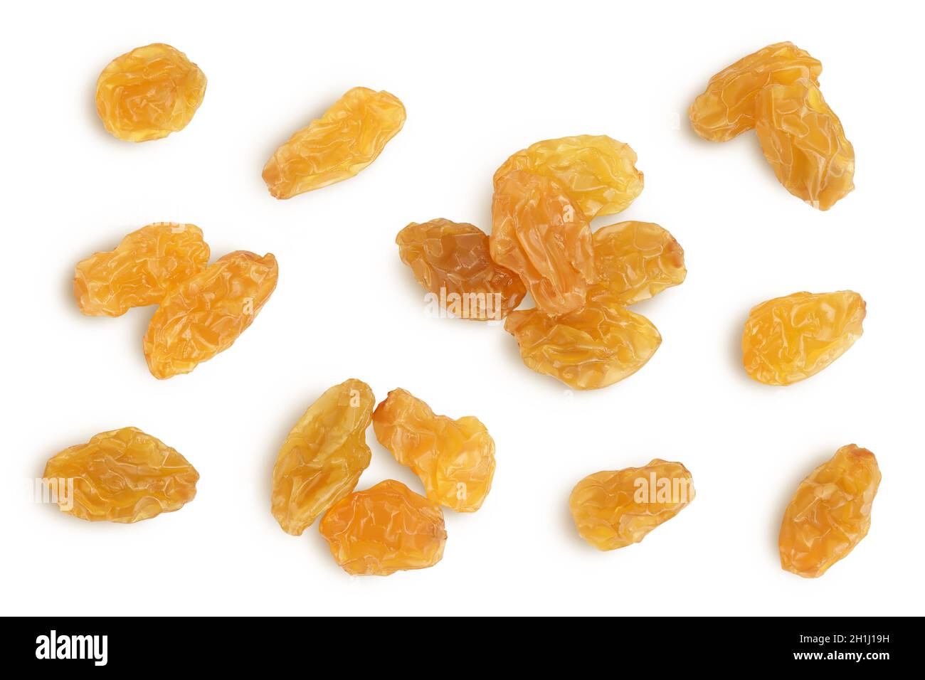 Yellow raisin isolated on white background with clipping path. Top view ...