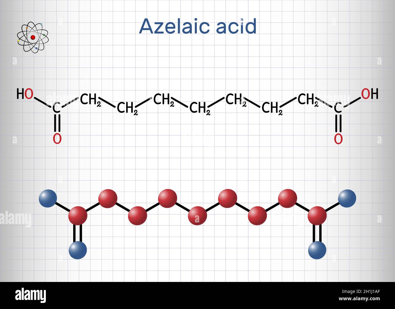 Azelaic acid, AzA, nonanedioic acid molecule. It is saturated ...