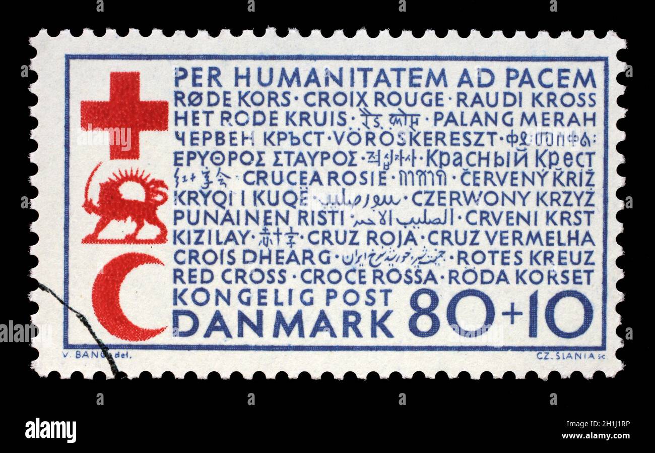 Stamp printed in Denmark shows Red Cross and Red Crescent, circa 1966 ...