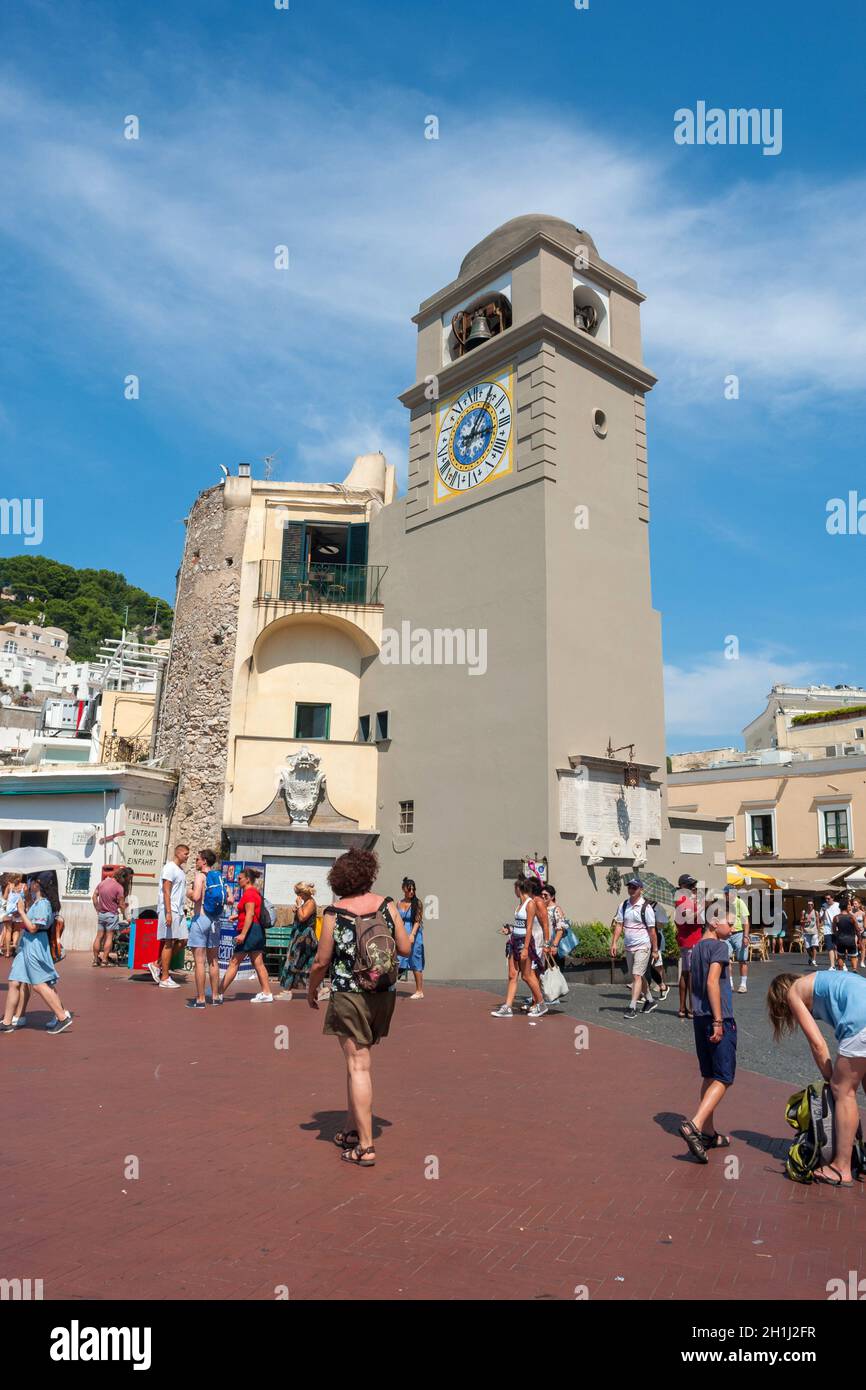 CAPRI, ITALY - JULY 29, 2018: Tourists visit Piazza Umberto I, the most ...