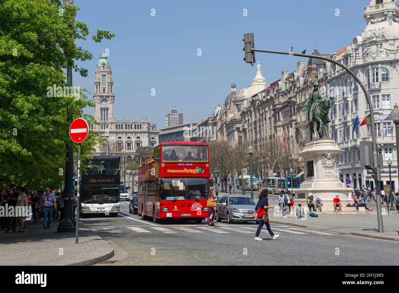 PORTO, PORTUGAL - April 17, 2017: People walking at Old Town street of ...
