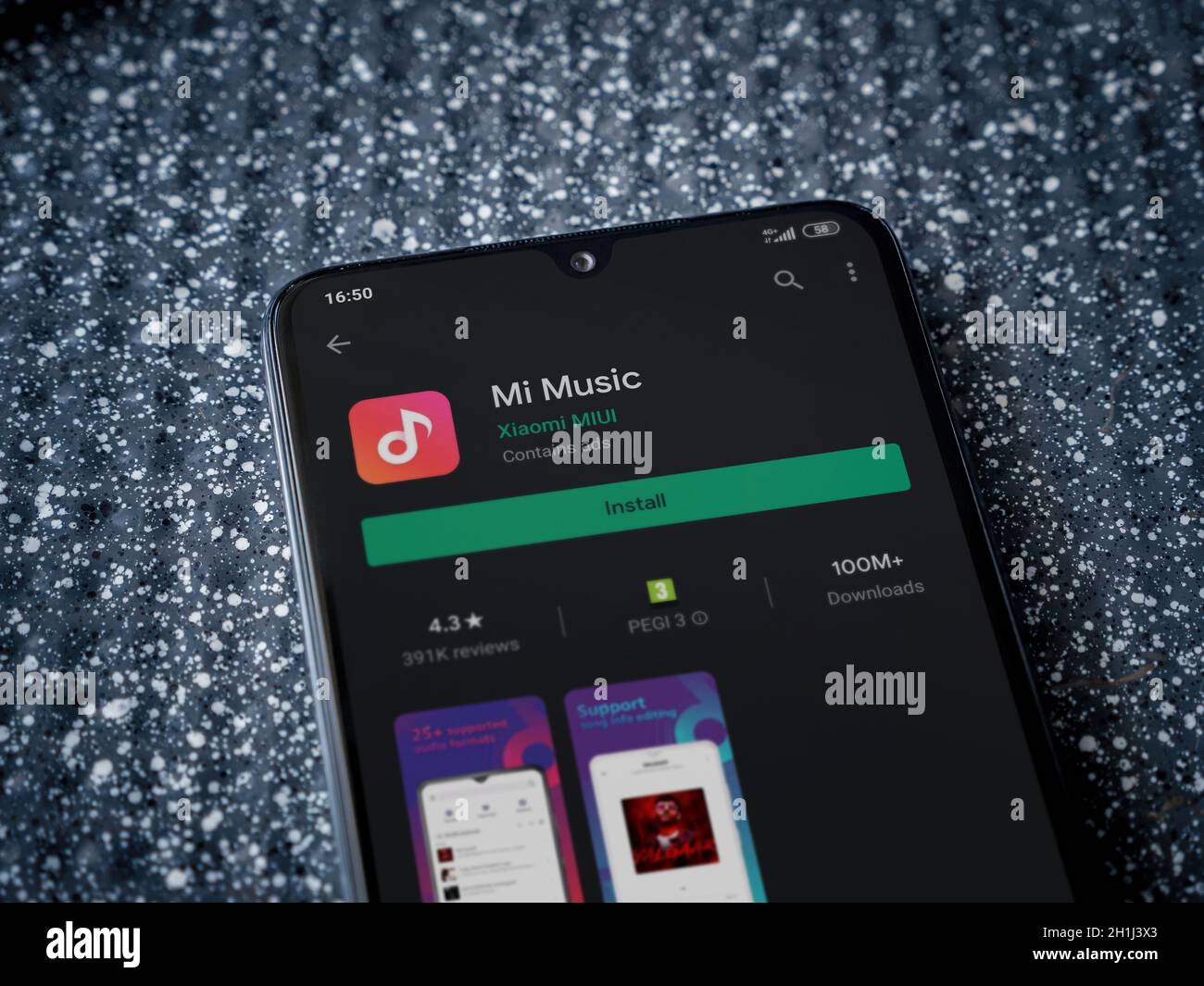 Lod, Israel - July 8, 2020: Mi Music app play store page on the display ...