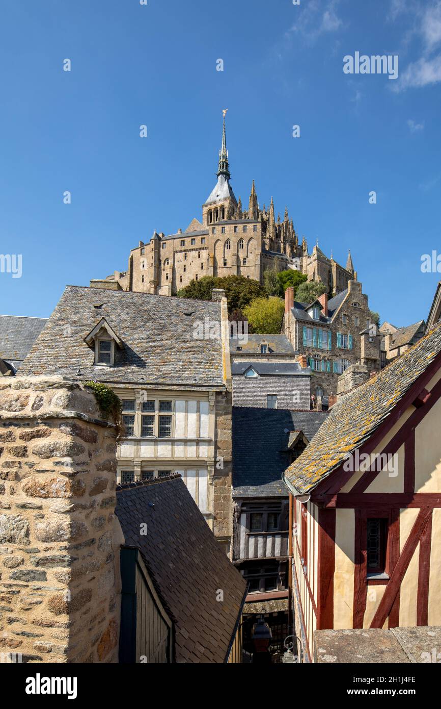Ancient buildings of the old town on the famous Mont Saint Michel ...
