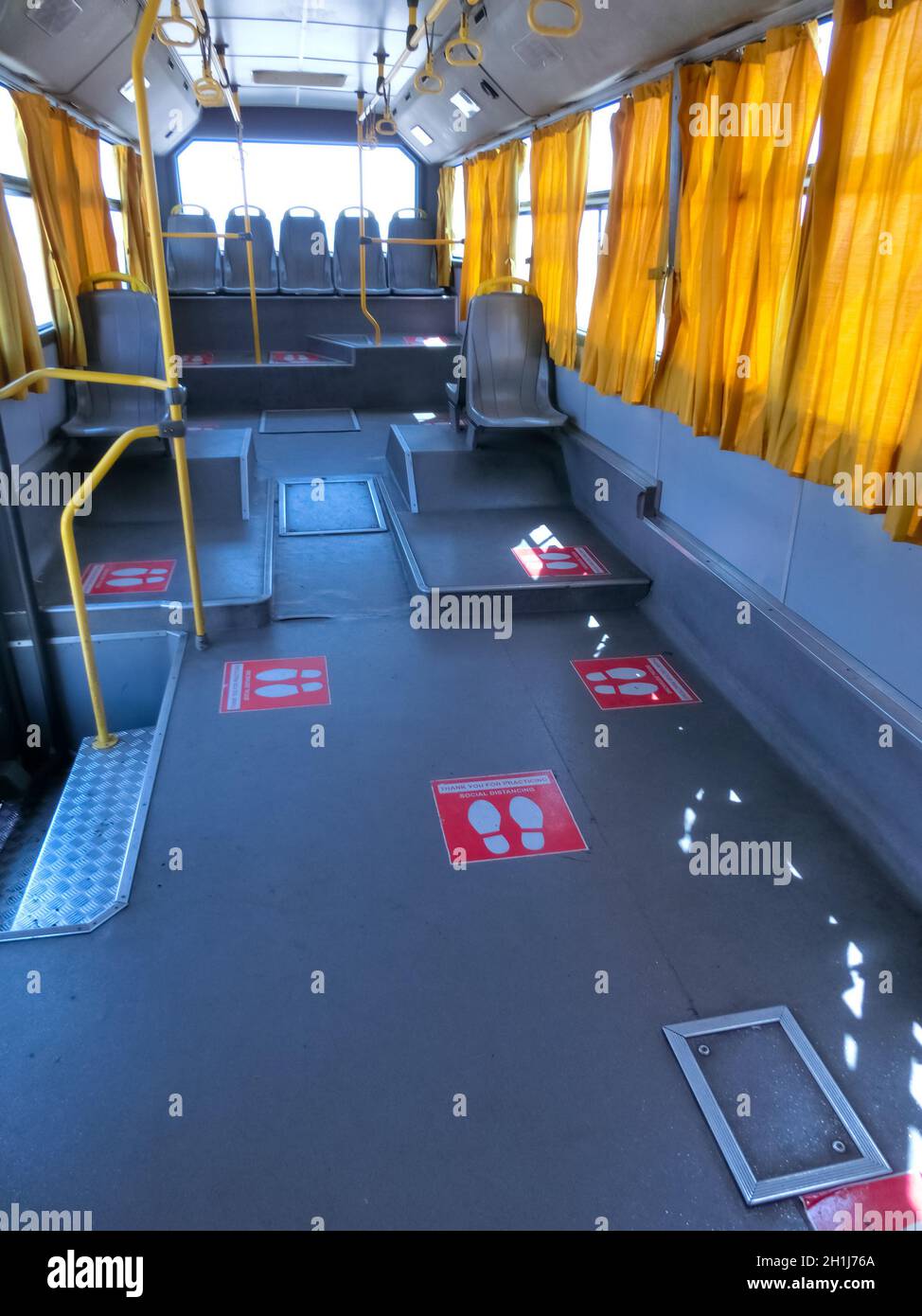 Interior of empty public bus. Seats are free. Coronavirus Pandemic ...
