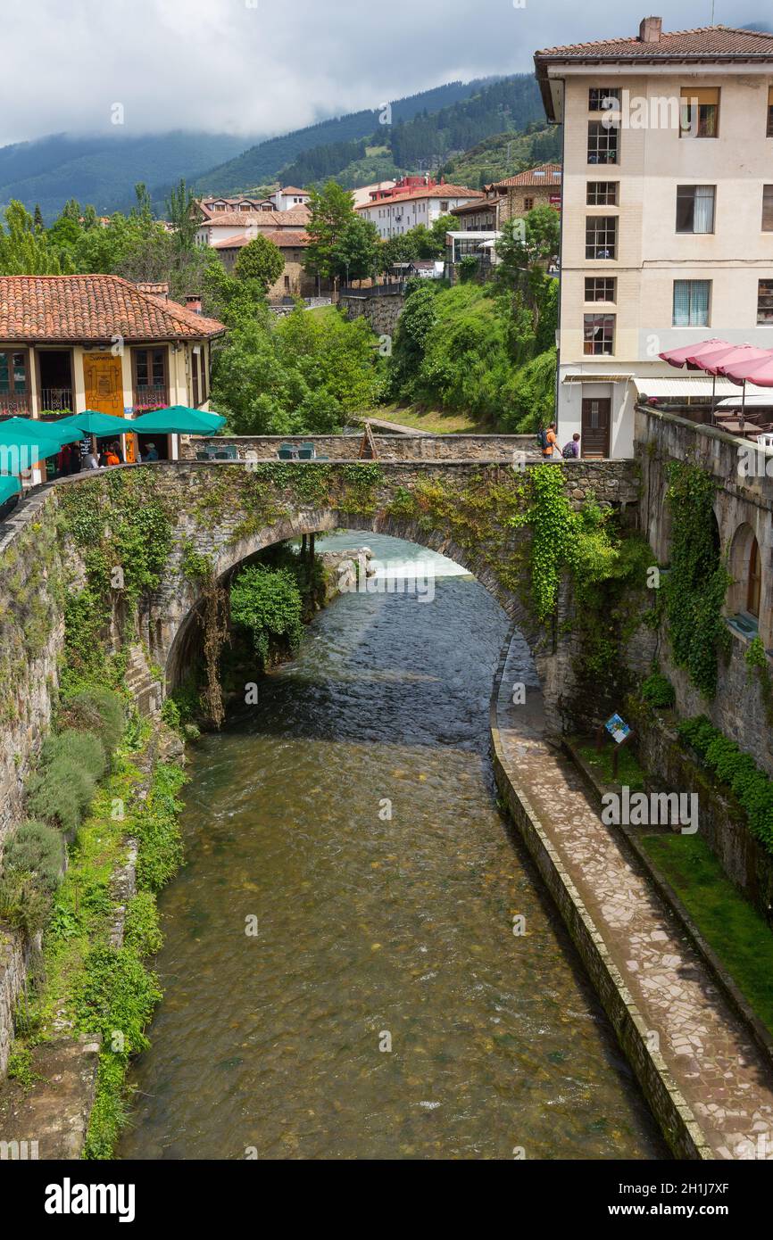 Potes, Spain - June 1, 2018: The traditional houses in the ancient ...