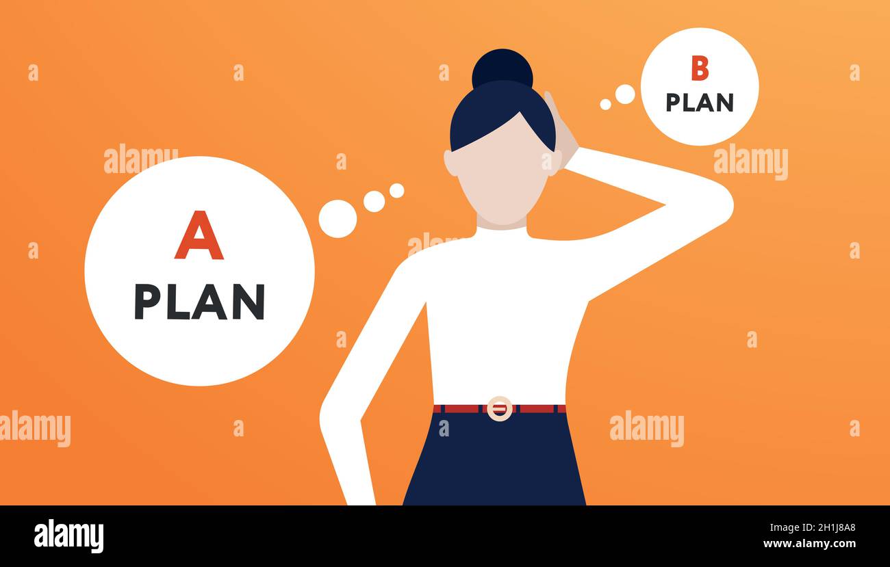 Plan b. Vector illustration in flat design. Office woman thinks about ...