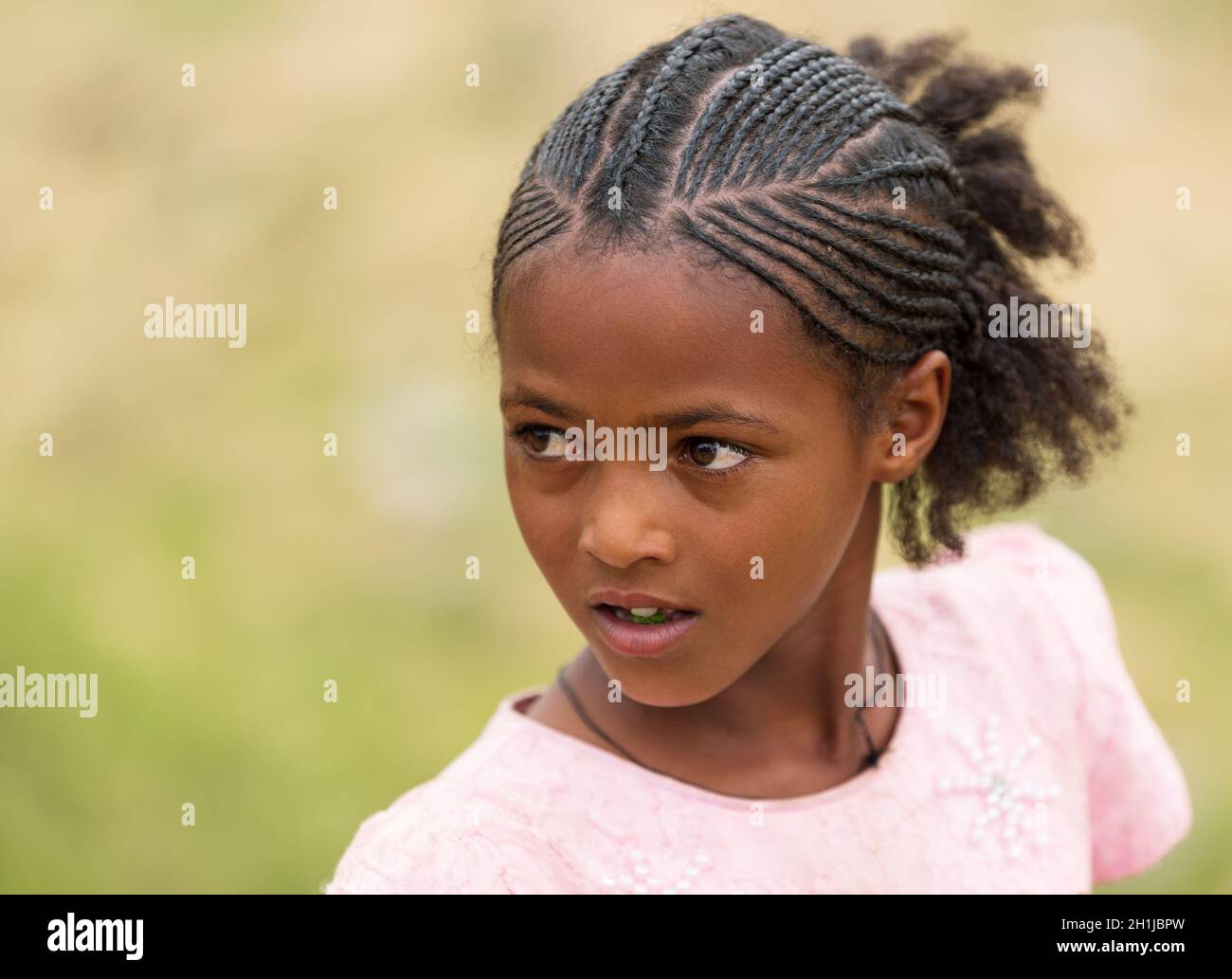 Adi Abbaghie, Ethiopia - April 28, 2019: Ethiopian beautiful girl with traditional braided hair ...