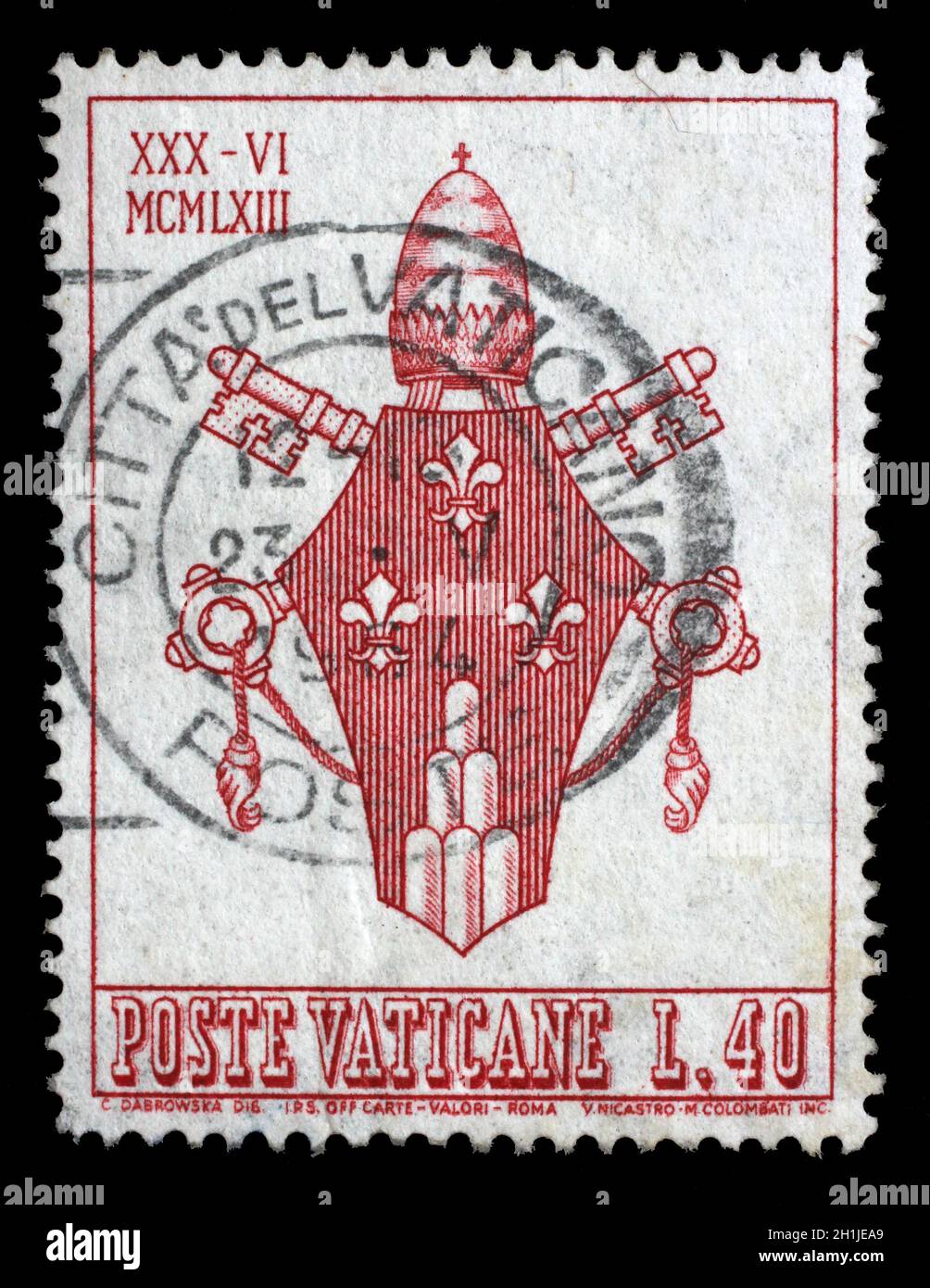 Stamp issued in Vatican shows Coat of Arms of Pope Paulus VI, circa ...