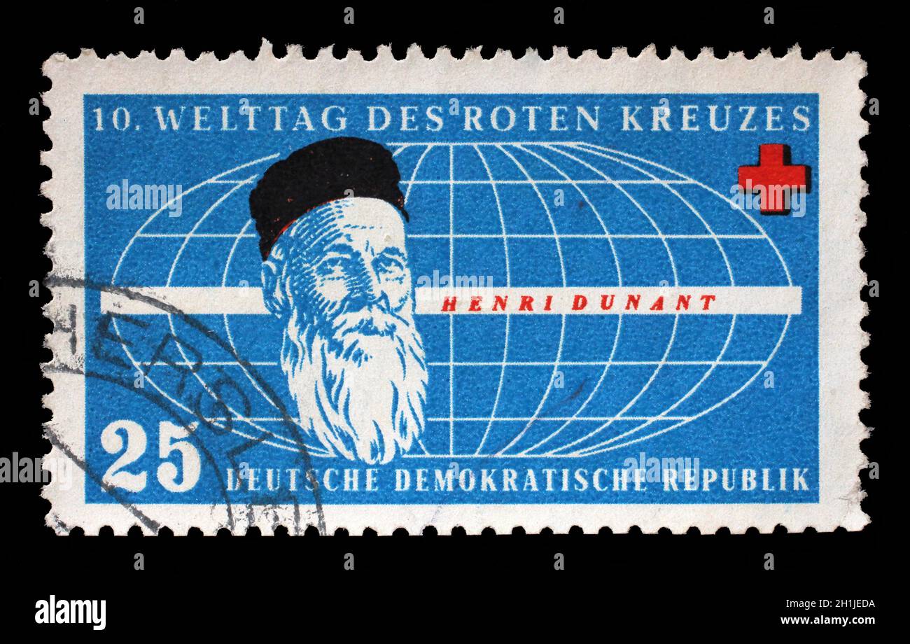 Stamp issued in Germany - Democratic Republic (DDR) shows Henri Dunant ...