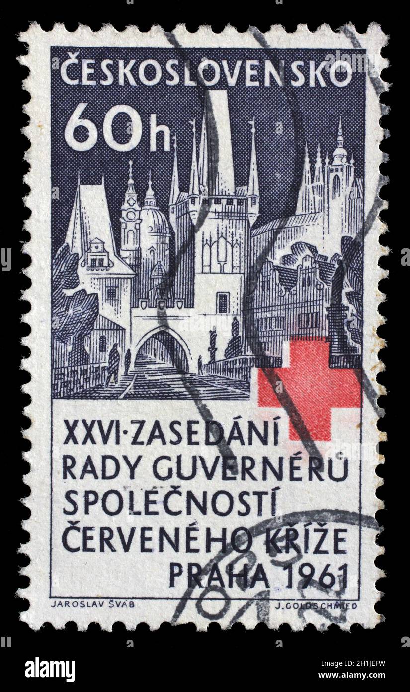 Stamp printed in Czechoslovakia shows Charles Bridge, St. Nicholas ...