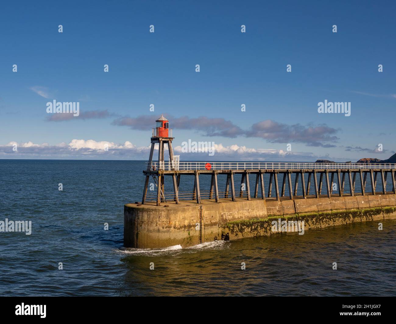 Wooden beacon on the end of East Pier, Whitby, North Yorkshire, UK ...