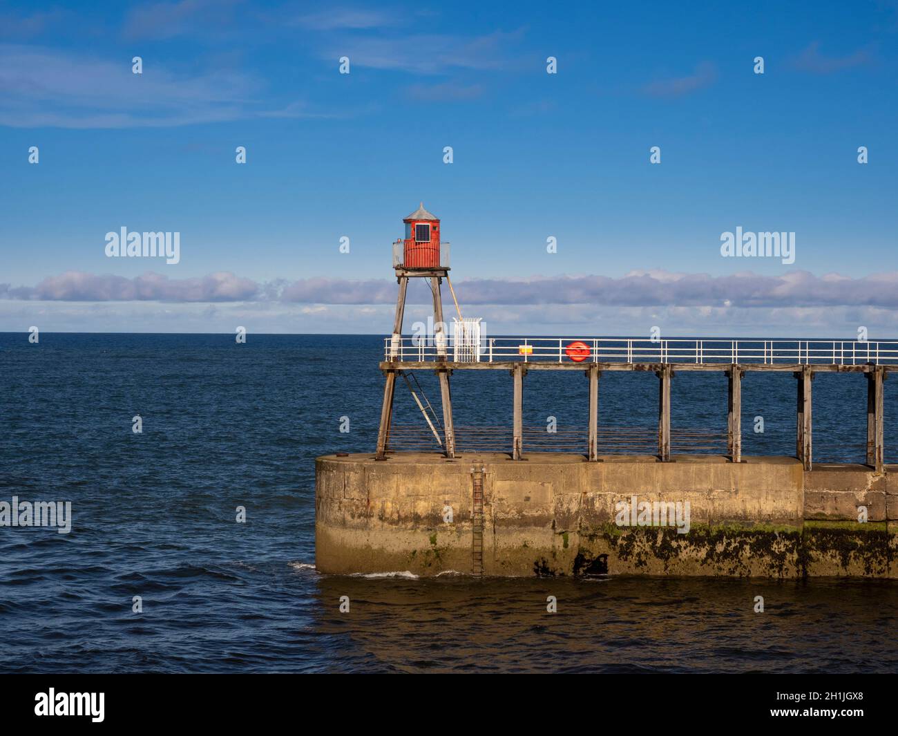 Wooden beacon on the end of East Pier, Whitby, North Yorkshire, UK ...