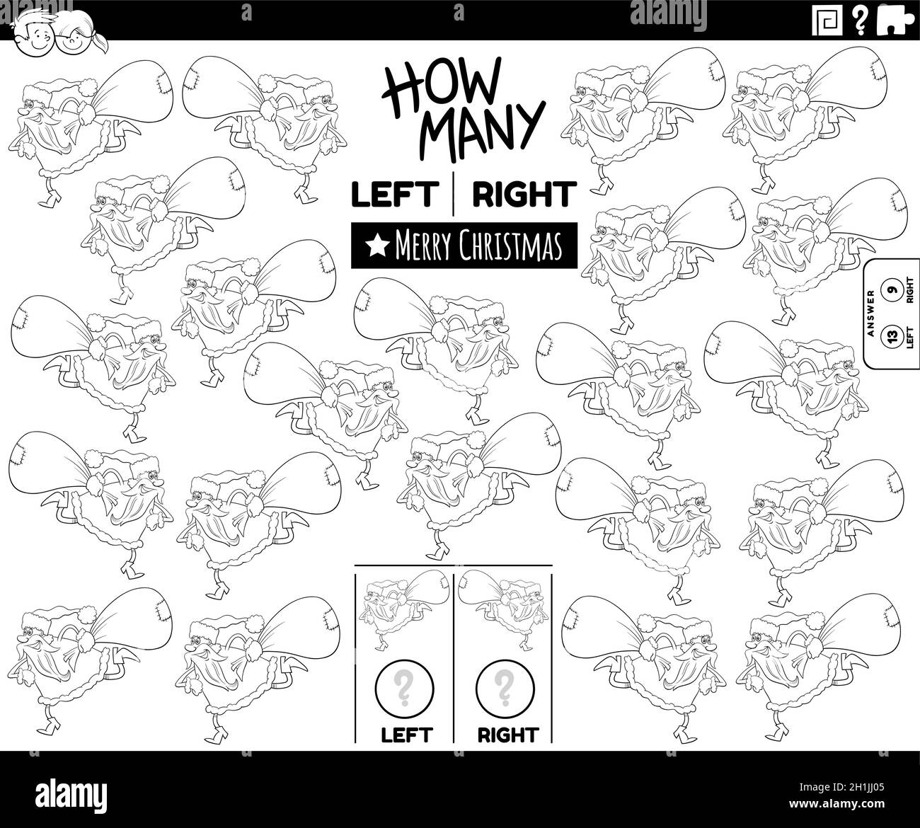 Black and white cartoon illustration of educational game of counting ...