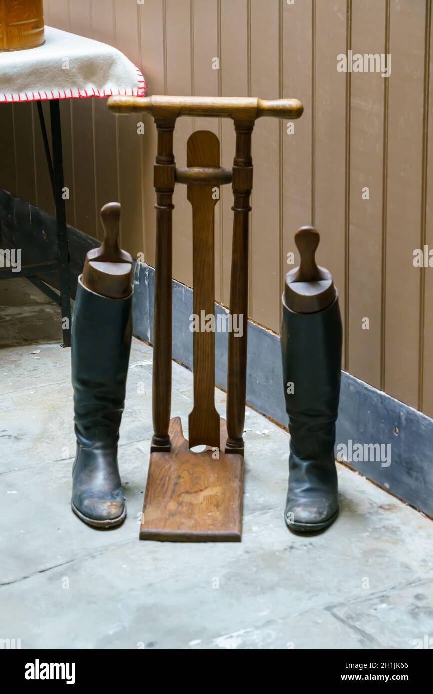 a medieval boot stand at Penrhyn Castle Llandygai, Bangor, North Wales ...