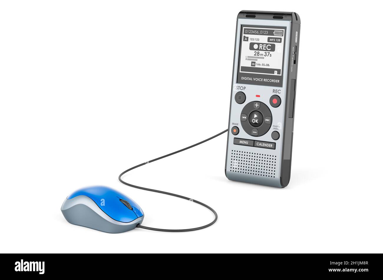 Digital voice recorder with computer mouse. 3D rendering isolated on ...