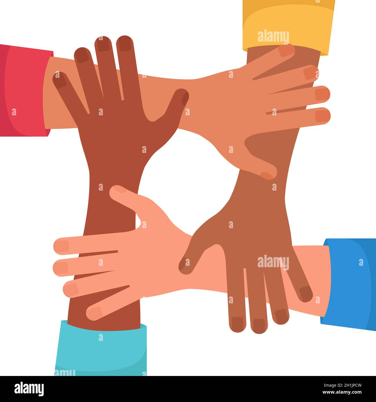 Close up top view of young business people holding their hands together ...