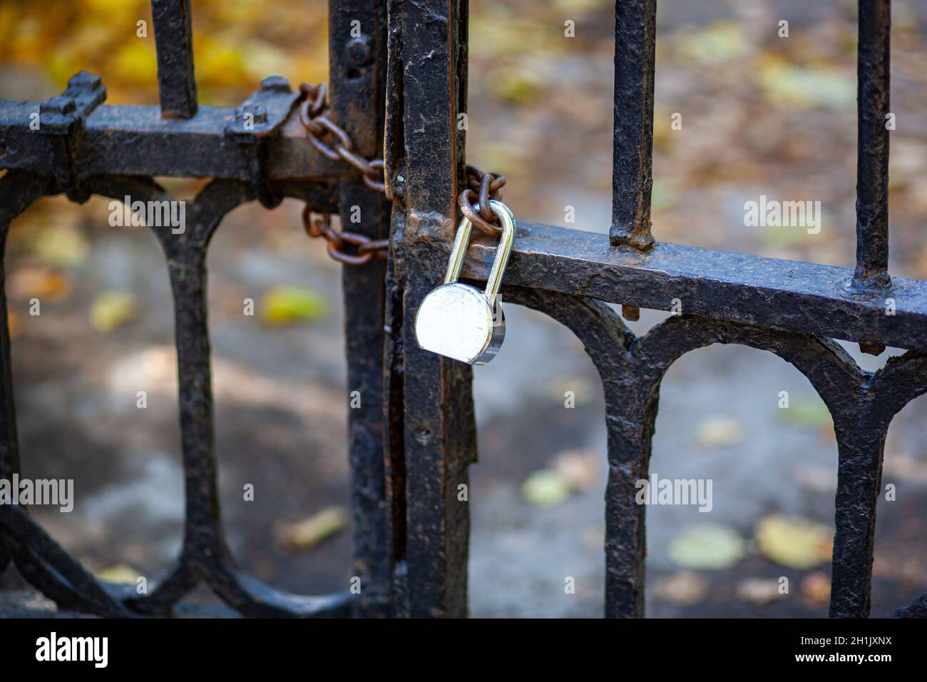 Antique lattice gates closed on a chain with a padlock. The passage is ...