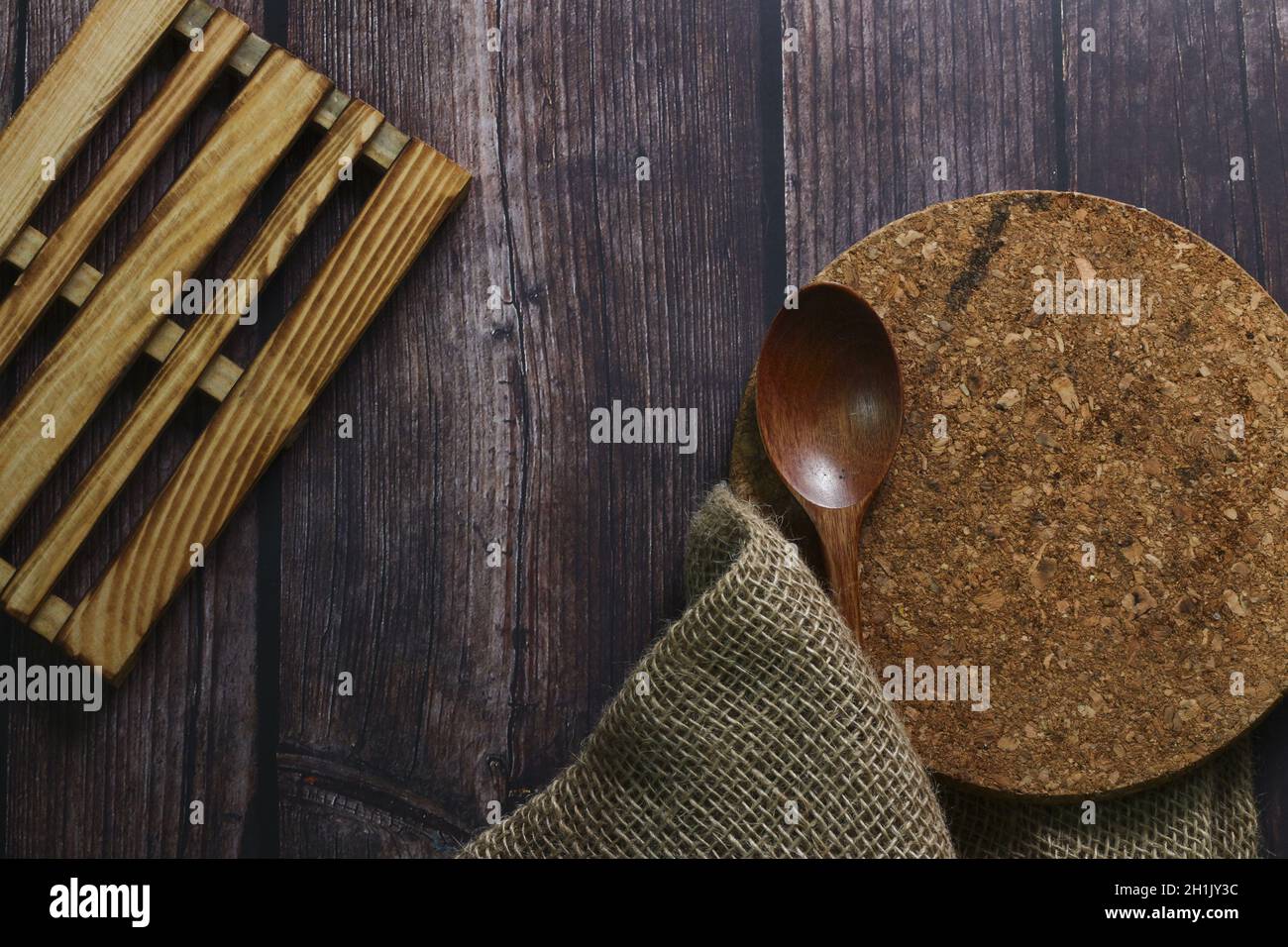 Flat lay of a kitchen table with cooking tools for copy space Stock ...