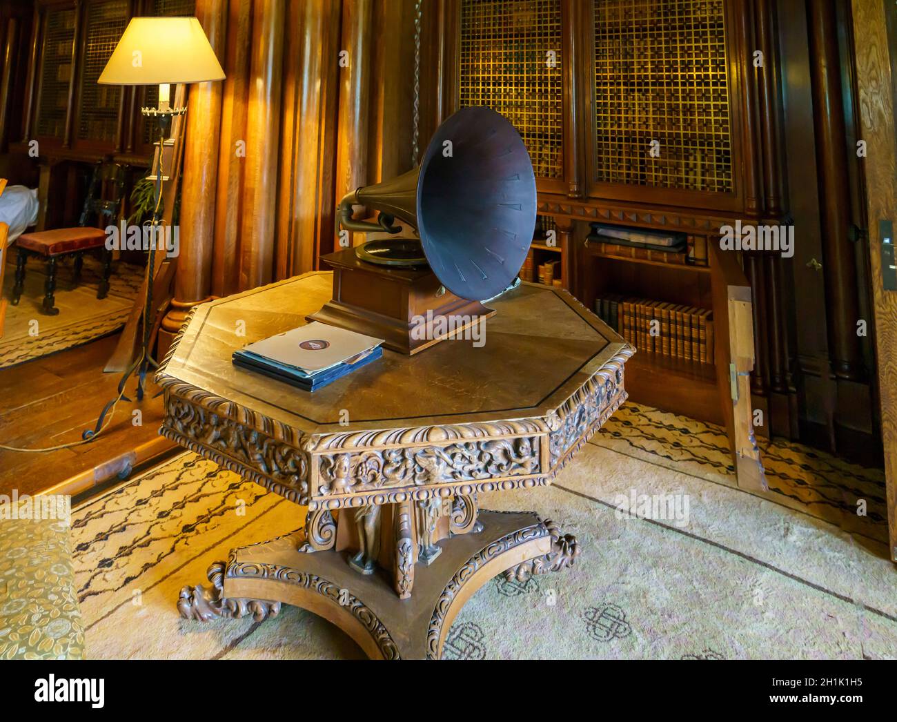 a beautifully appointed library room at Penrhyn Castle, an extensive ...