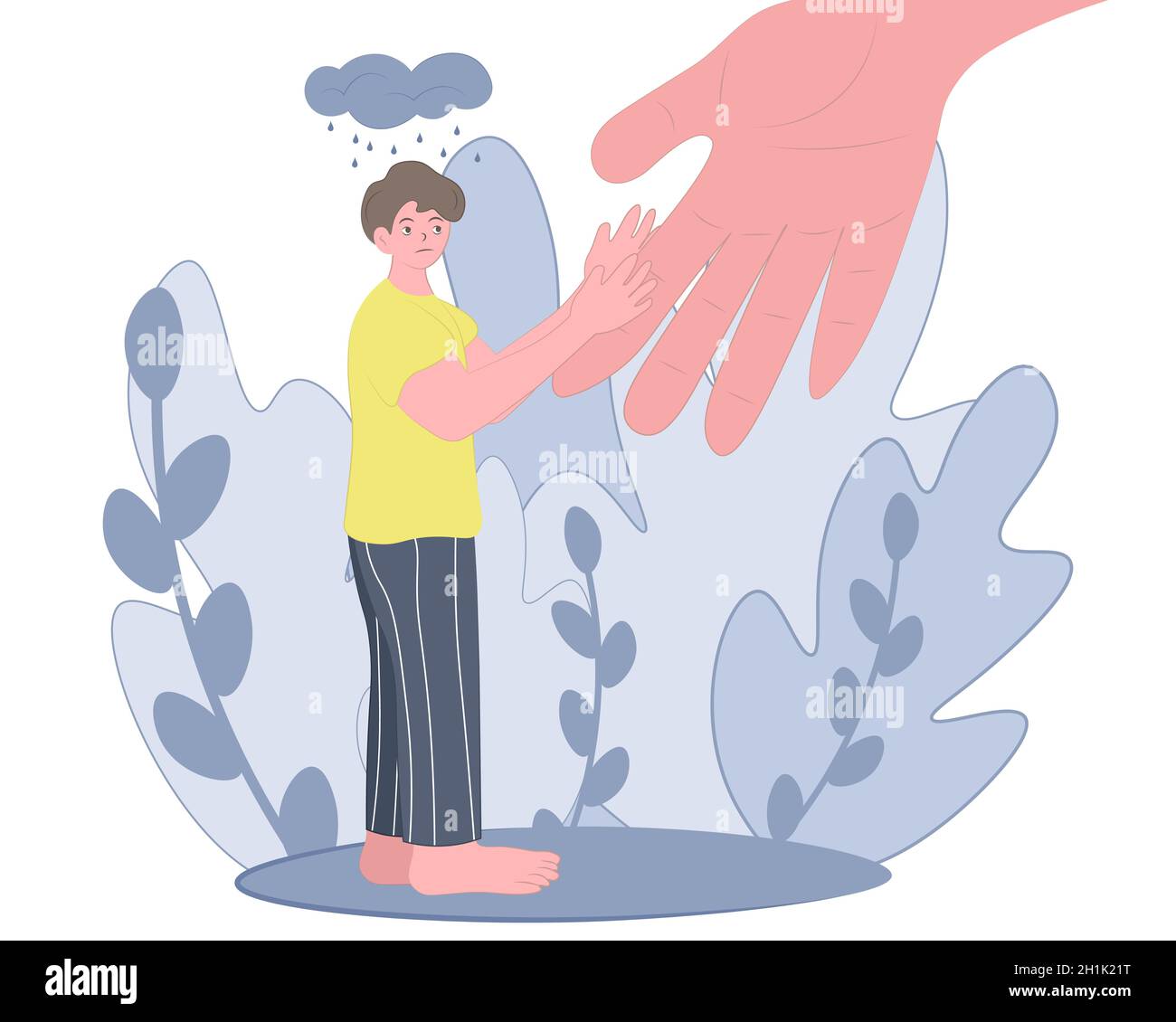 The human hand helps a man overcome depression. The concept of helping ...