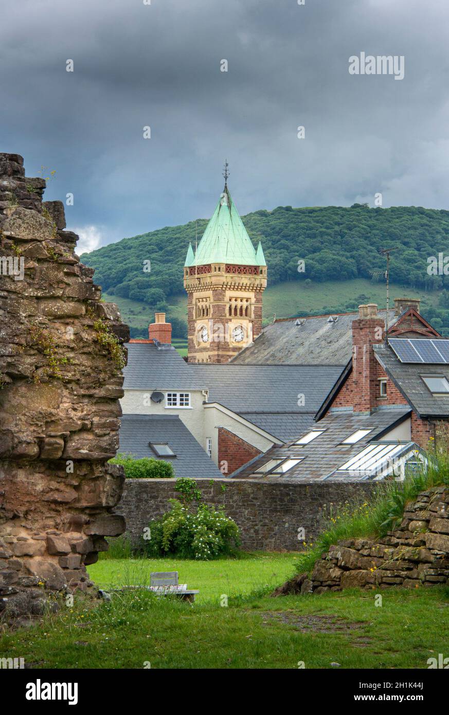 View of the Market Hall clock tower in the town of Abergavenny, Wales ...
