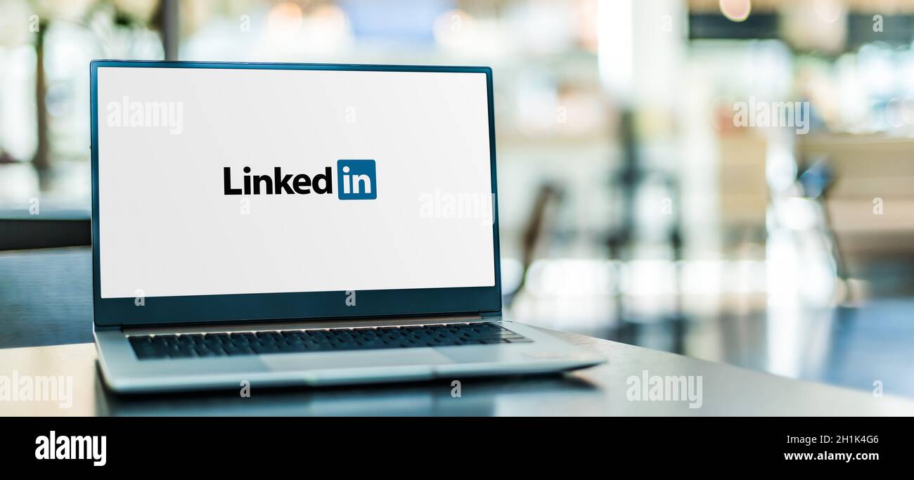 POZNAN, POL - SEP 23, 2020: Laptop computer displaying logo of LinkedIn ...