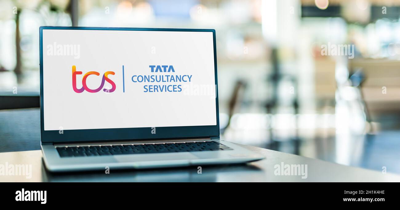 POZNAN, POL - SEP 23, 2020: Laptop computer displaying logo of TCS, an ...