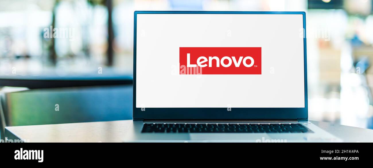 POZNAN, POL - SEP 23, 2020: Laptop computer displaying logo of Lenovo ...