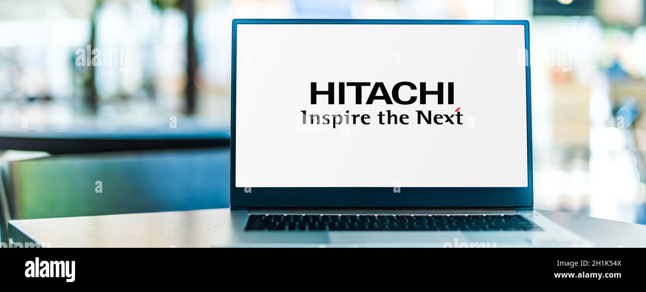 POZNAN, POL - SEP 23, 2020: Laptop computer displaying logo of Hitachi ...