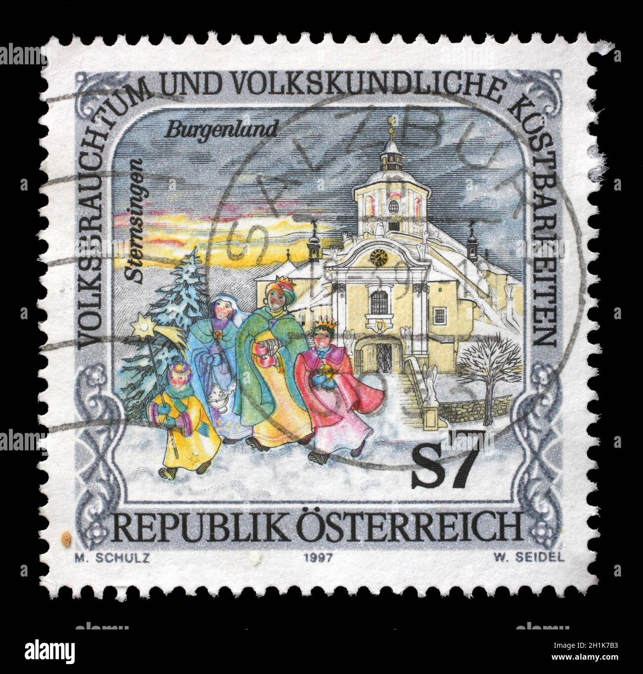 Stamp issued in the Austria shows Carolling by the three Magi, National ...