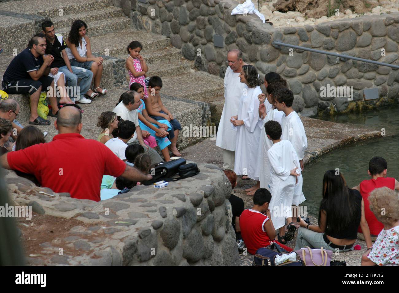 Baptismal site at Jordan river shore. Baptism of pilgrims in Yardenit ...