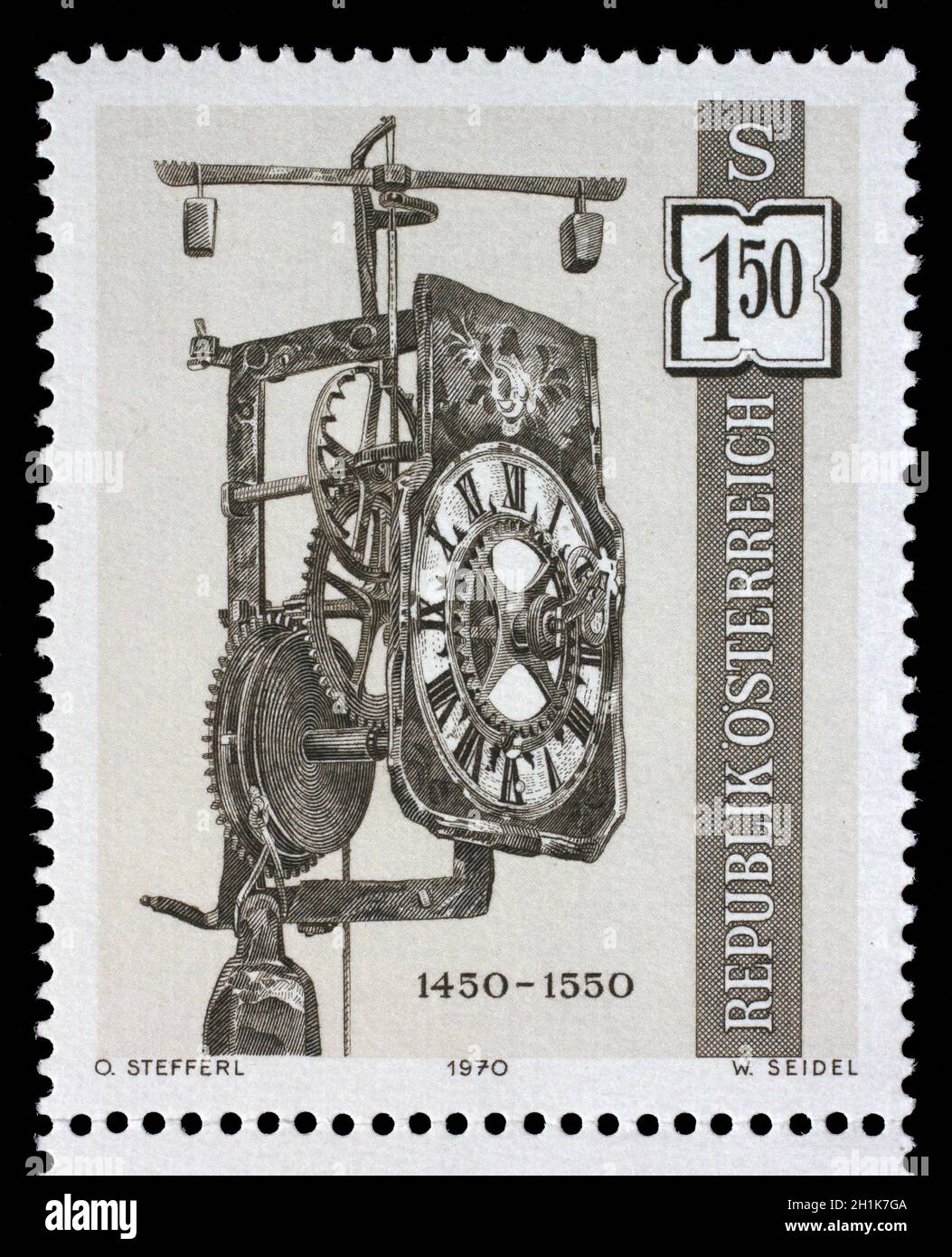 Stamp printed in Austria shows Old Clock (1450-1550), circa 1970 Stock ...